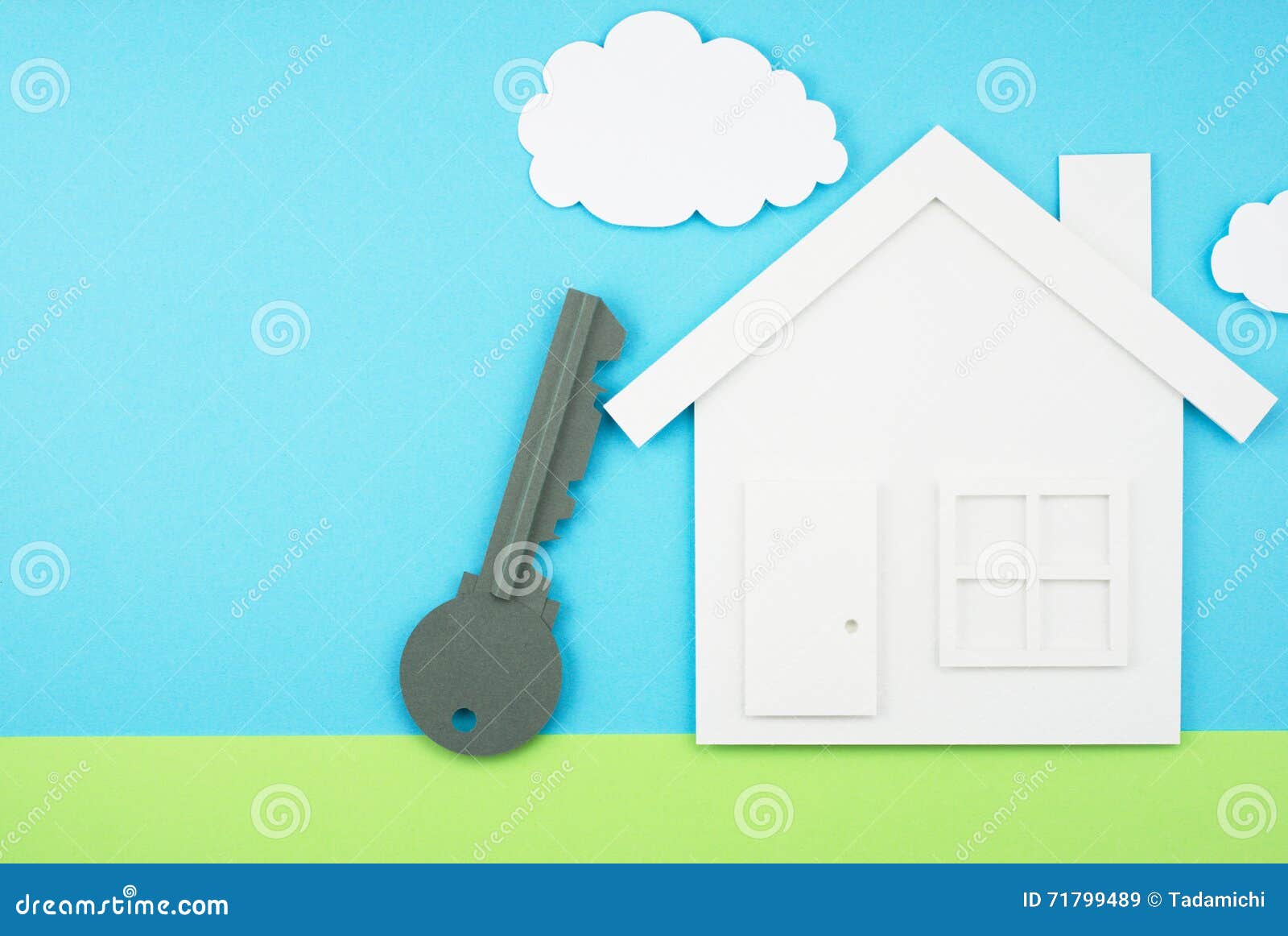 House and Key Shaped Paper Cutout on Sky and Grass Field Made of Stock ...