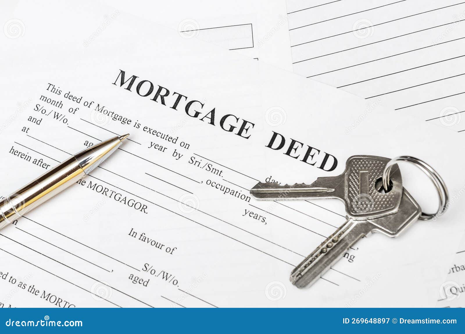 House Keys with Pen on Mortgage Deed Form. Top View Stock Image - Image ...