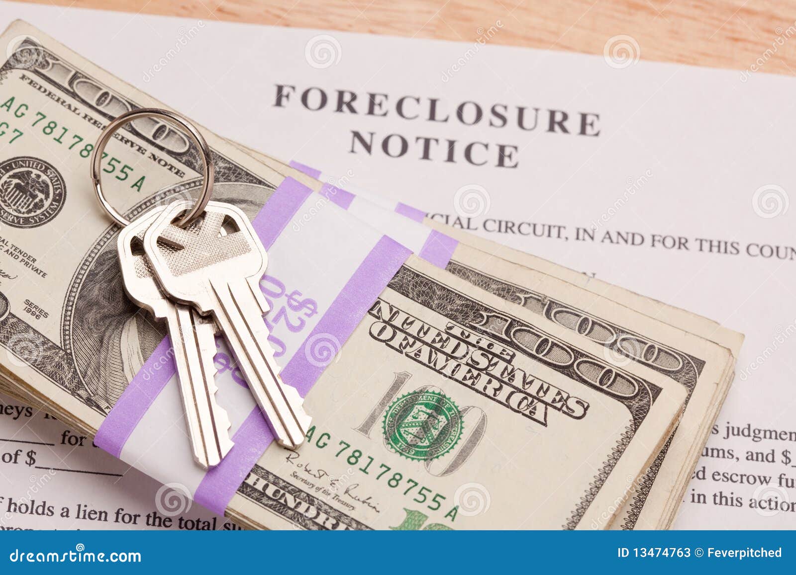 House Keys, Stack of Money and Foreclosure Notice Stock Image - Image ...