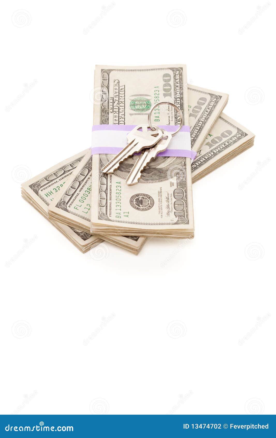 House Keys on Stack of Money Isolated Stock Photo - Image of urgency ...