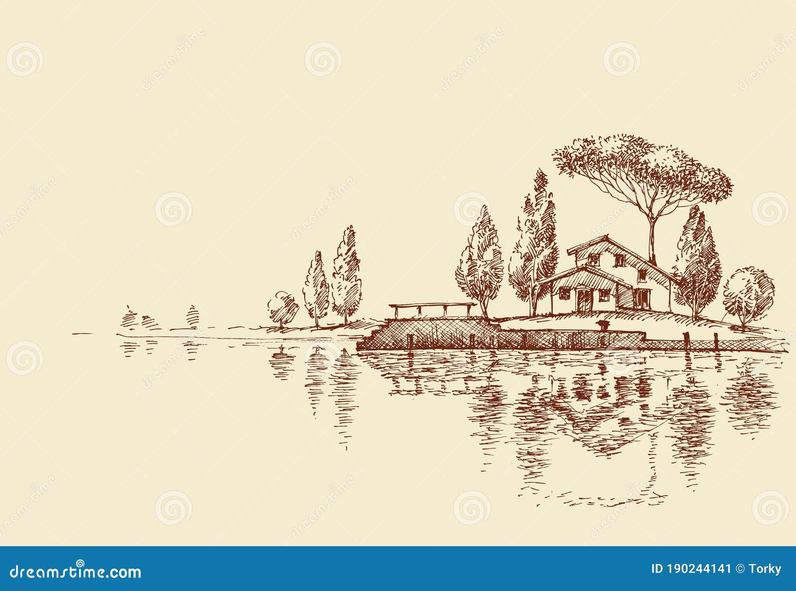 A House by the Lake, Sketched Wallpaper Stock Vector - Illustration of ...