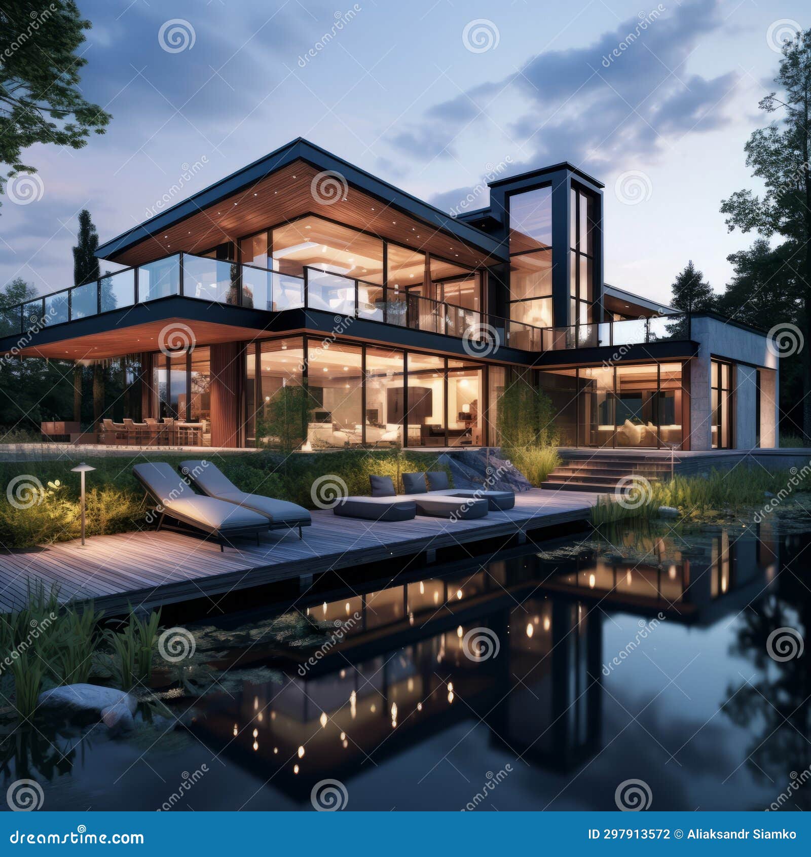 A House with a Lake and Trees Stock Photo - Image of outdoor, lawn ...