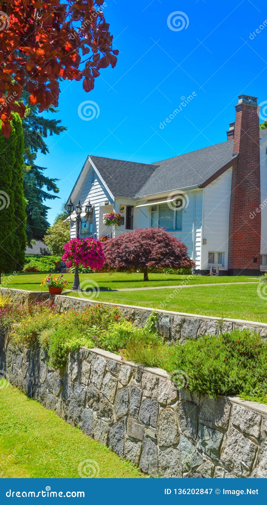 House on Land Terrace with Nice Lawn. Stock Image - Image of american ...