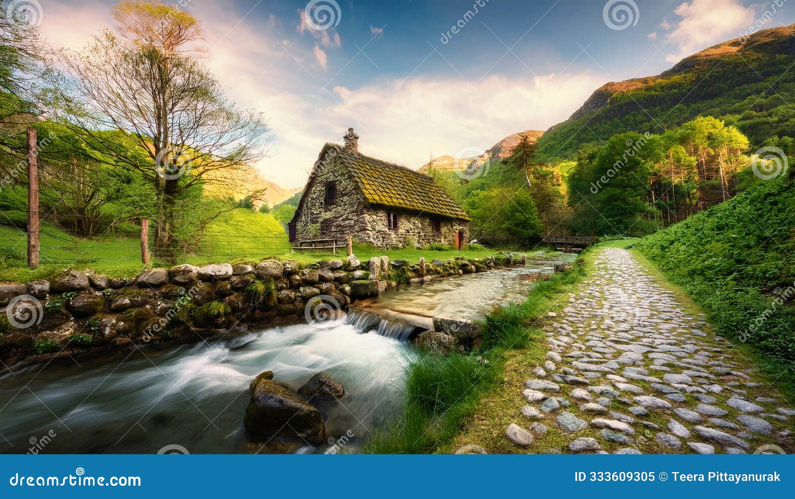 A House Landscape Built from Stack Stone Walls on a Hillside with a ...