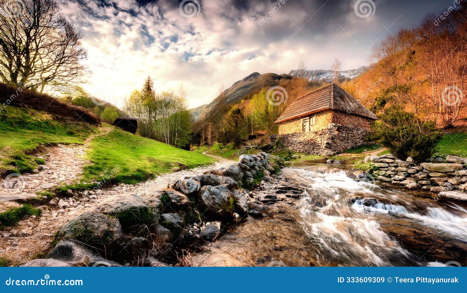 A House Landscape Built from Stack Stone Walls on a Hillside with a ...