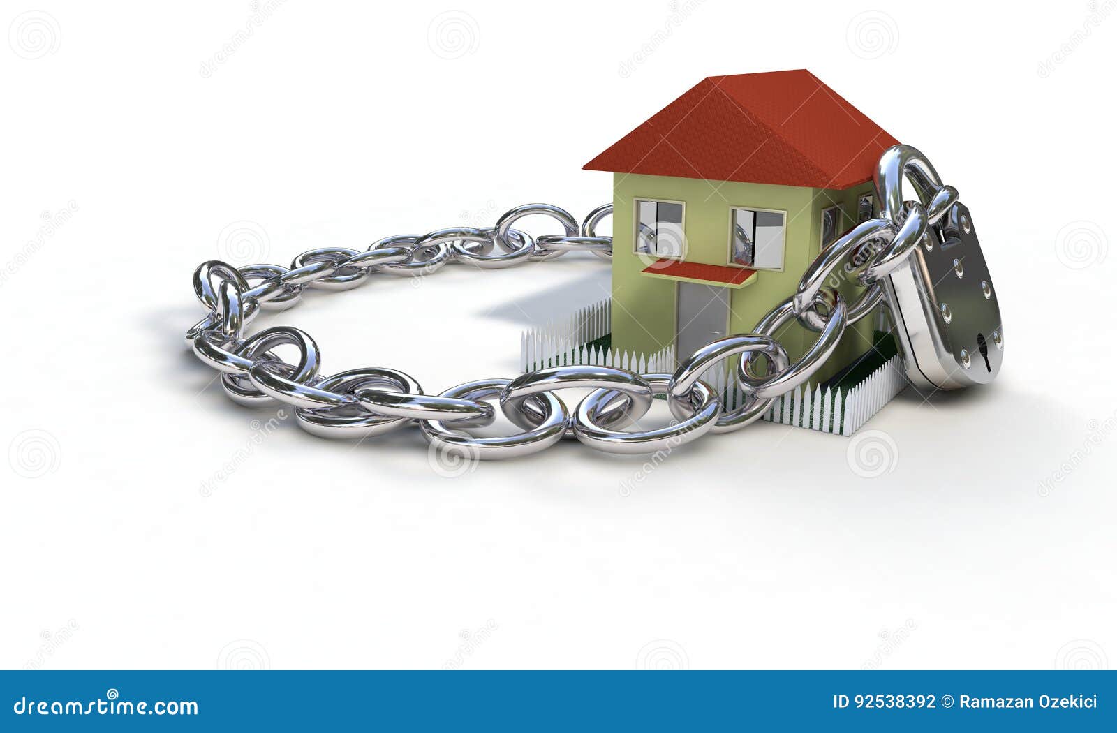 House and Lock Chain Concept, 3d Render Stock Illustration ...