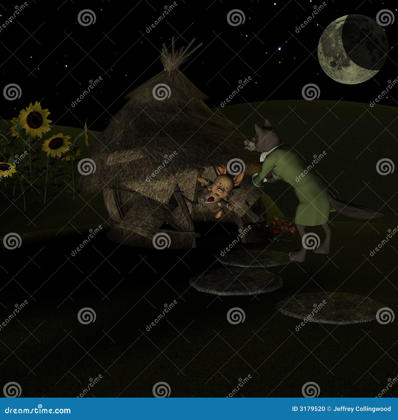 Big Bad Wolf Blowing Down House Three Little Pigs Vector Illustration ...