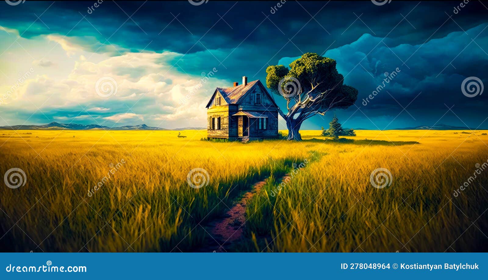 House in the Middle of Field with Tree in Front of it. Generative AI ...