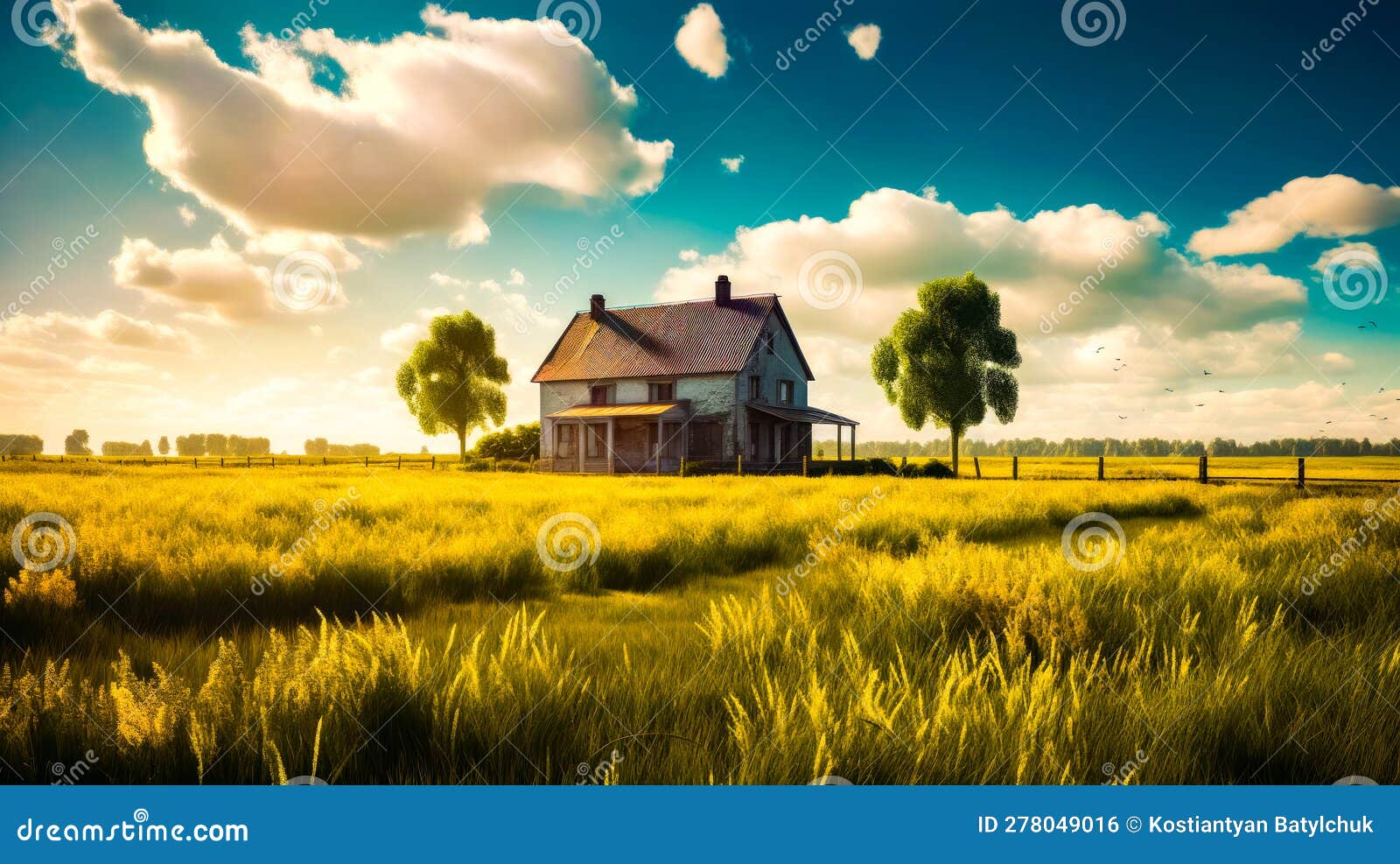 House in the Middle of Field with Trees and Clouds in the Background ...