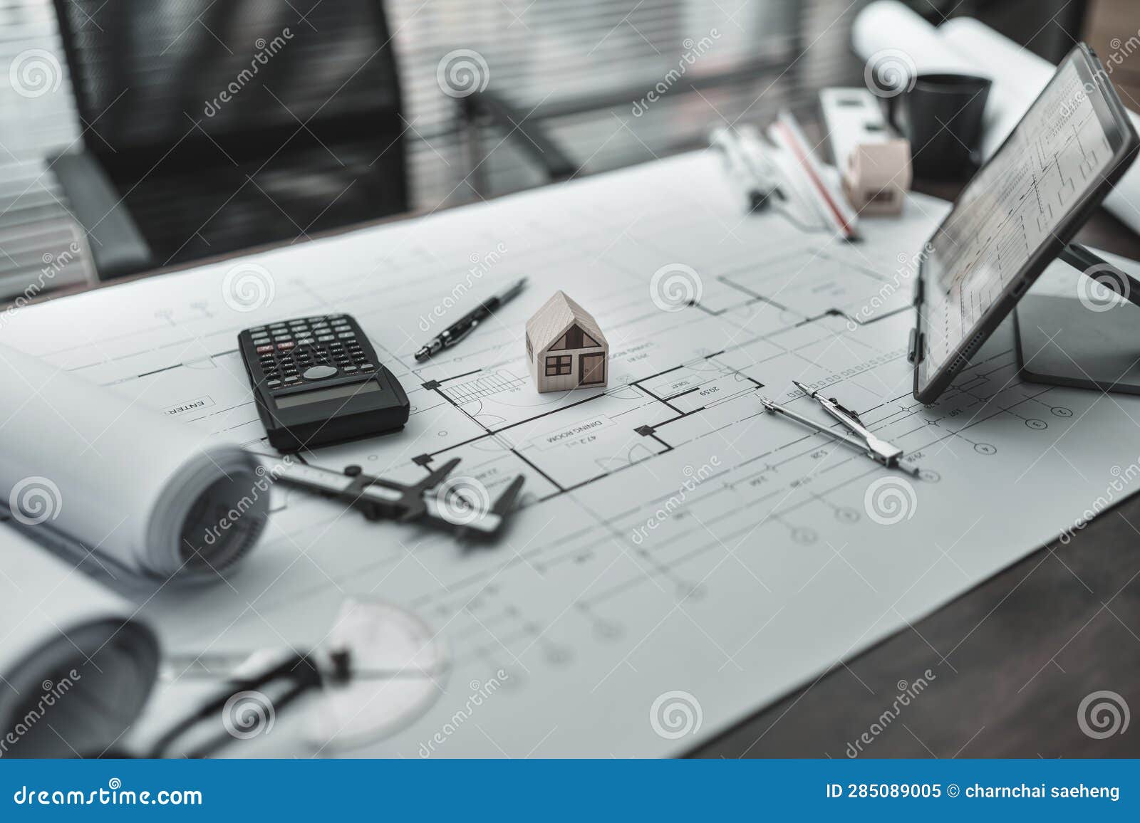 House Model on Blueprint. Architect and Engineer Concept Stock Image ...