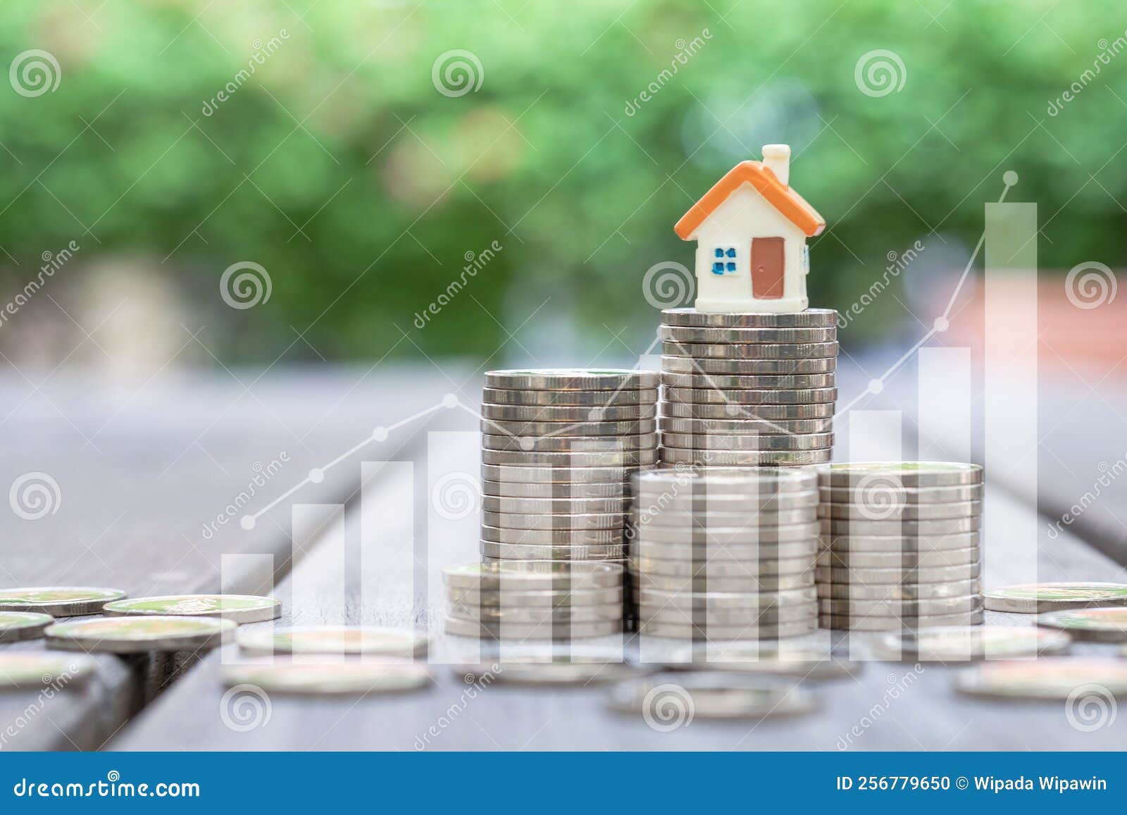 House Model on Stack of Coin with Bar Char and Line Graph. Stock Photo ...