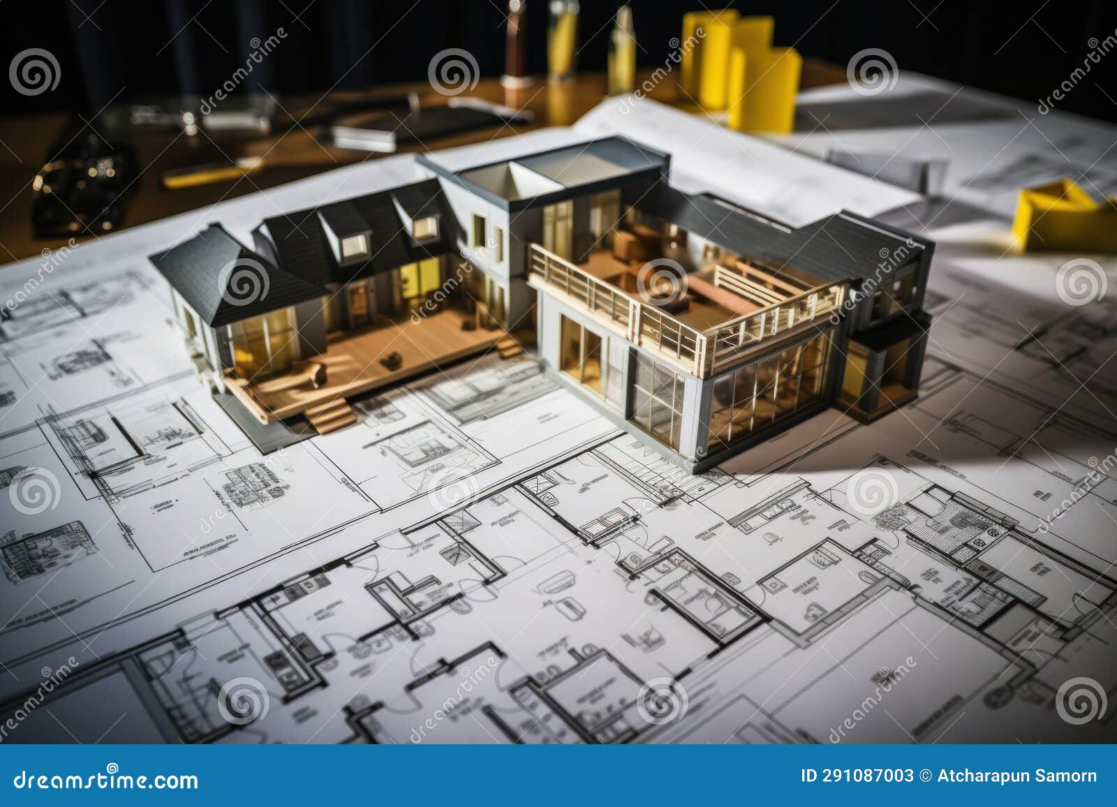 House Models Sit On Top Of Several Different Architects Drawings And ...