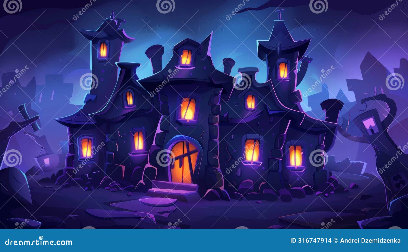 The House at Night, with Glowing Windows, is a Cartoon Modern ...