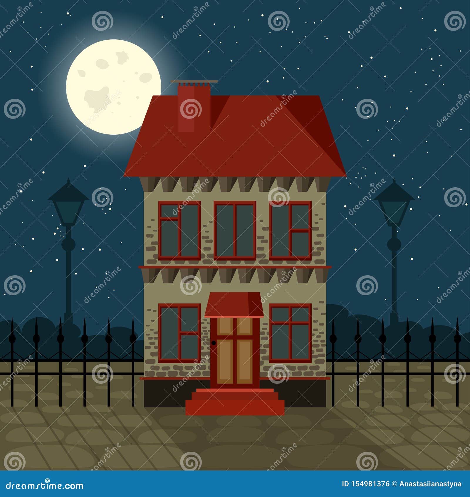 Two storey house at night stock vector. Illustration of card - 154981376