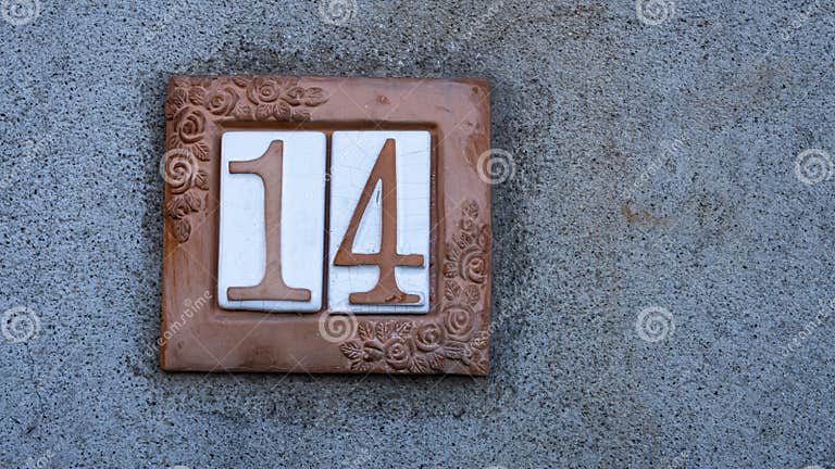 House Number 14 in Ceramic on Gray Wall. House Number Stock Photo ...