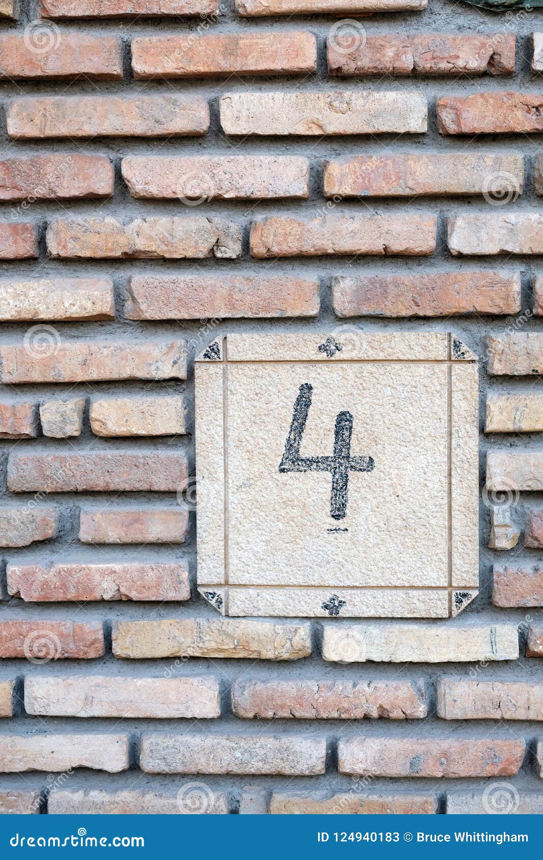 House Number 4 on Flat Brick Wall Stock Image - Image of tile, recessed ...