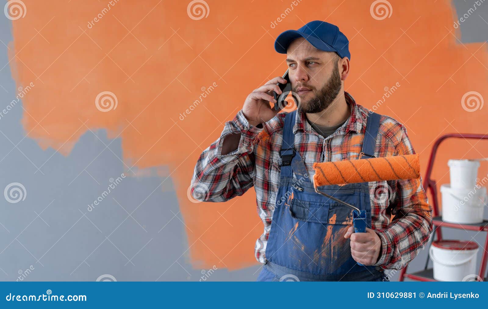 House Painter Man Calling on Mobile Phone, Holding Paint Roller, Making ...