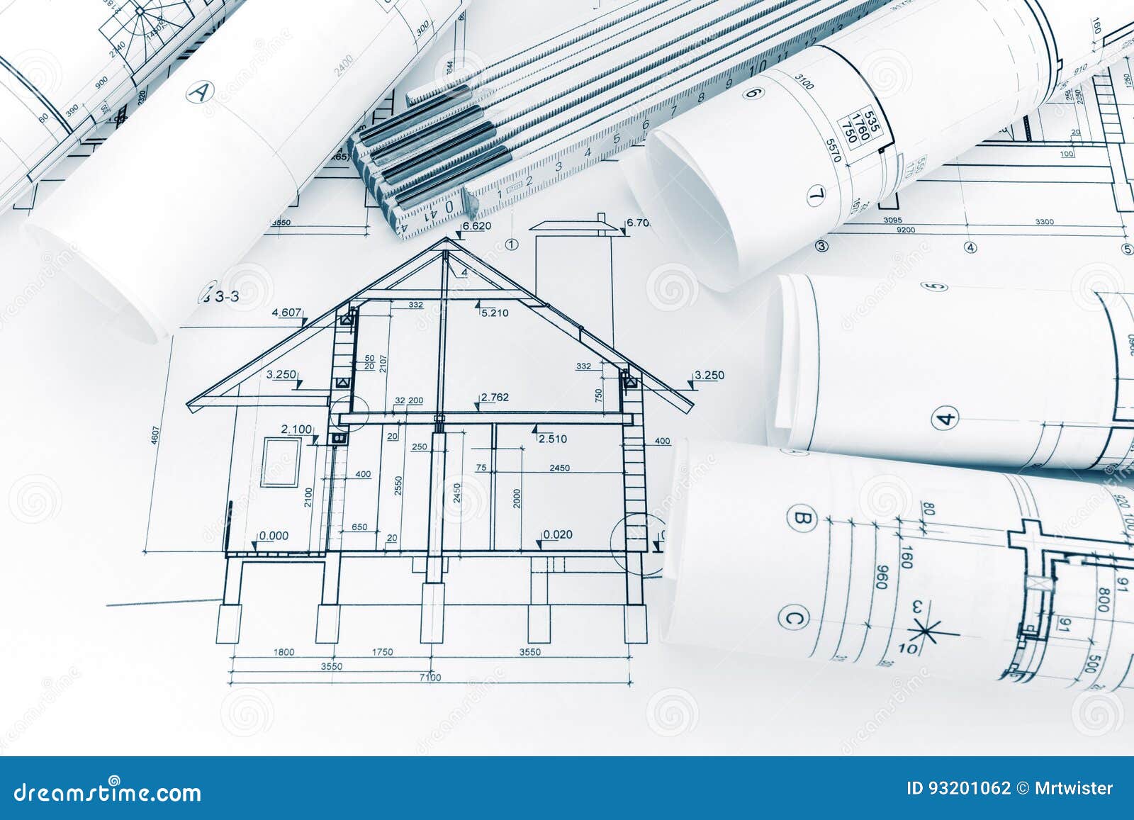 House Plan Blueprint and Folding Ruler on Architects Workplace Stock ...