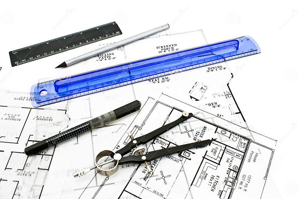 House Plan Blueprints with Drawing Tools Stock Photo - Image of ...