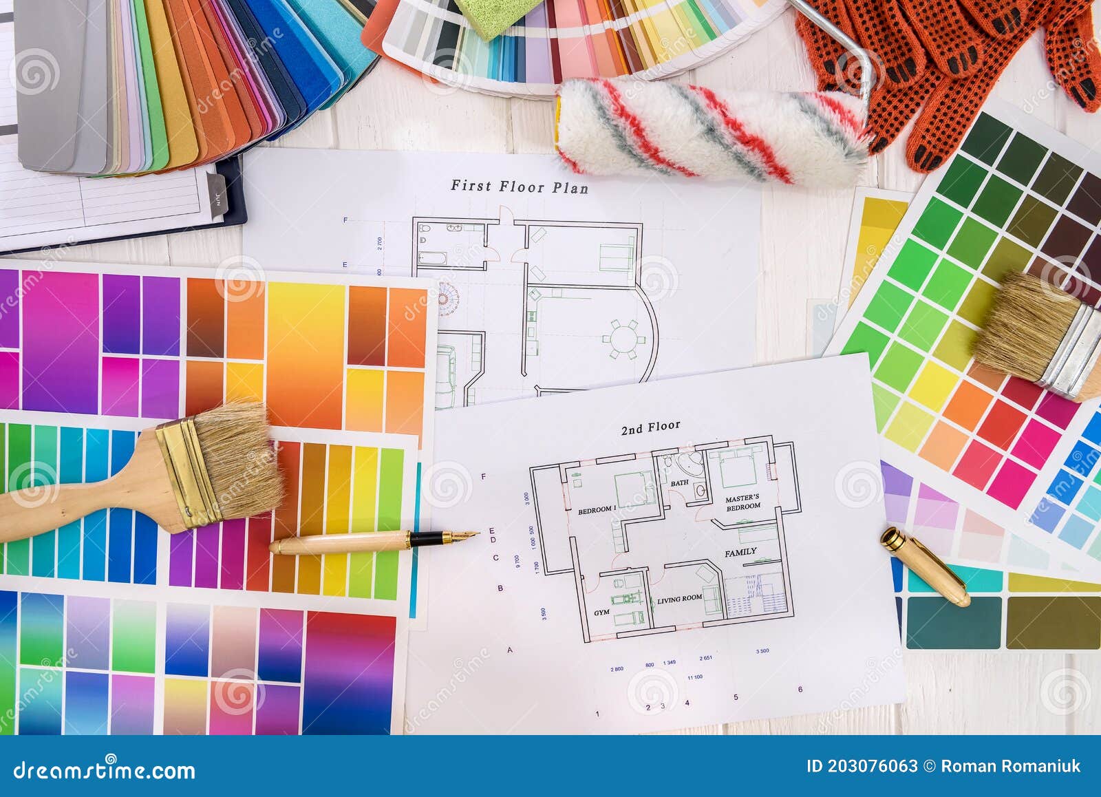 House Plan with Color Palette and Painting Tools Stock Image - Image of ...