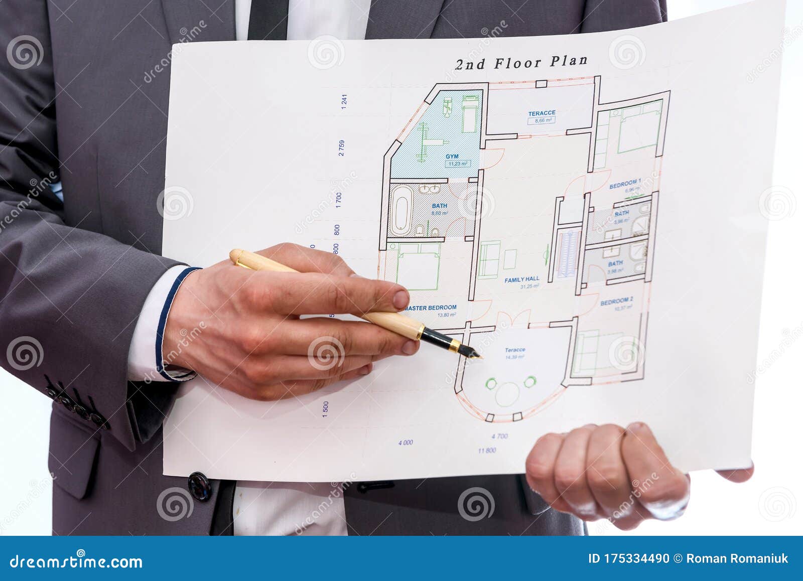 House Plan with Male Hands Isolated on White Stock Photo - Image of ...