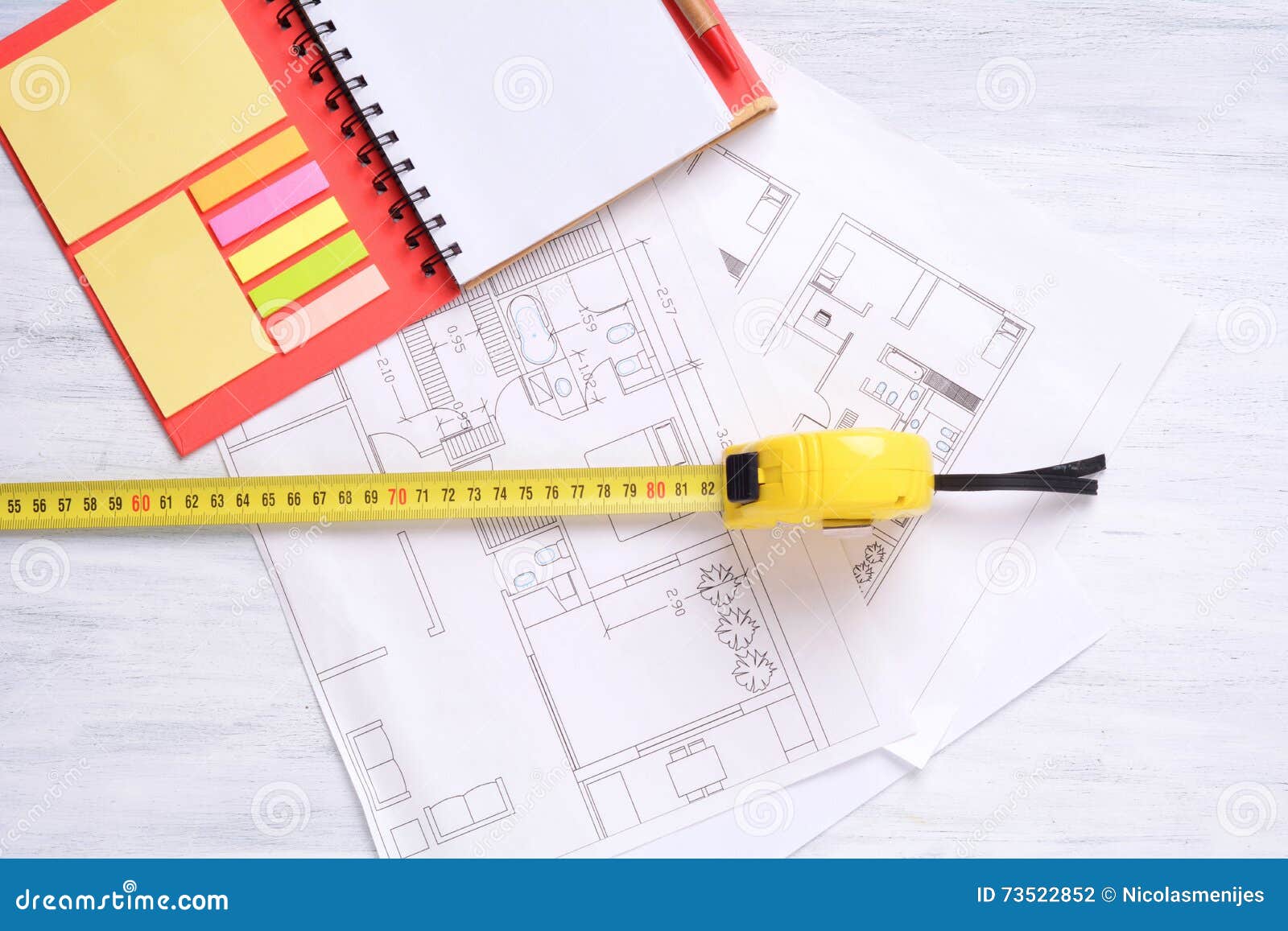 House Plan with Notebook and Flexometer. Stock Photo - Image of home ...