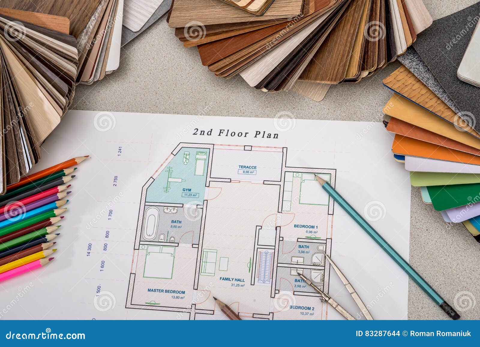 House Plan with Palette of Colors and Wooden Sampler Stock Photo ...
