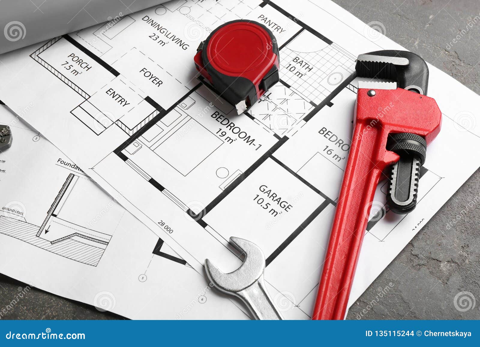 House Plan with Plumber`s Tools Stock Photo - Image of measuring ...