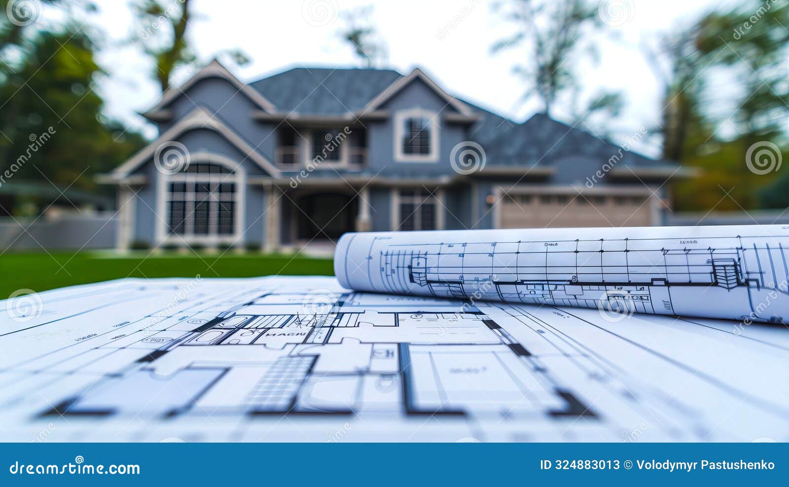 A House Plan with a Roll of Paper on Top Stock Image - Image of ...