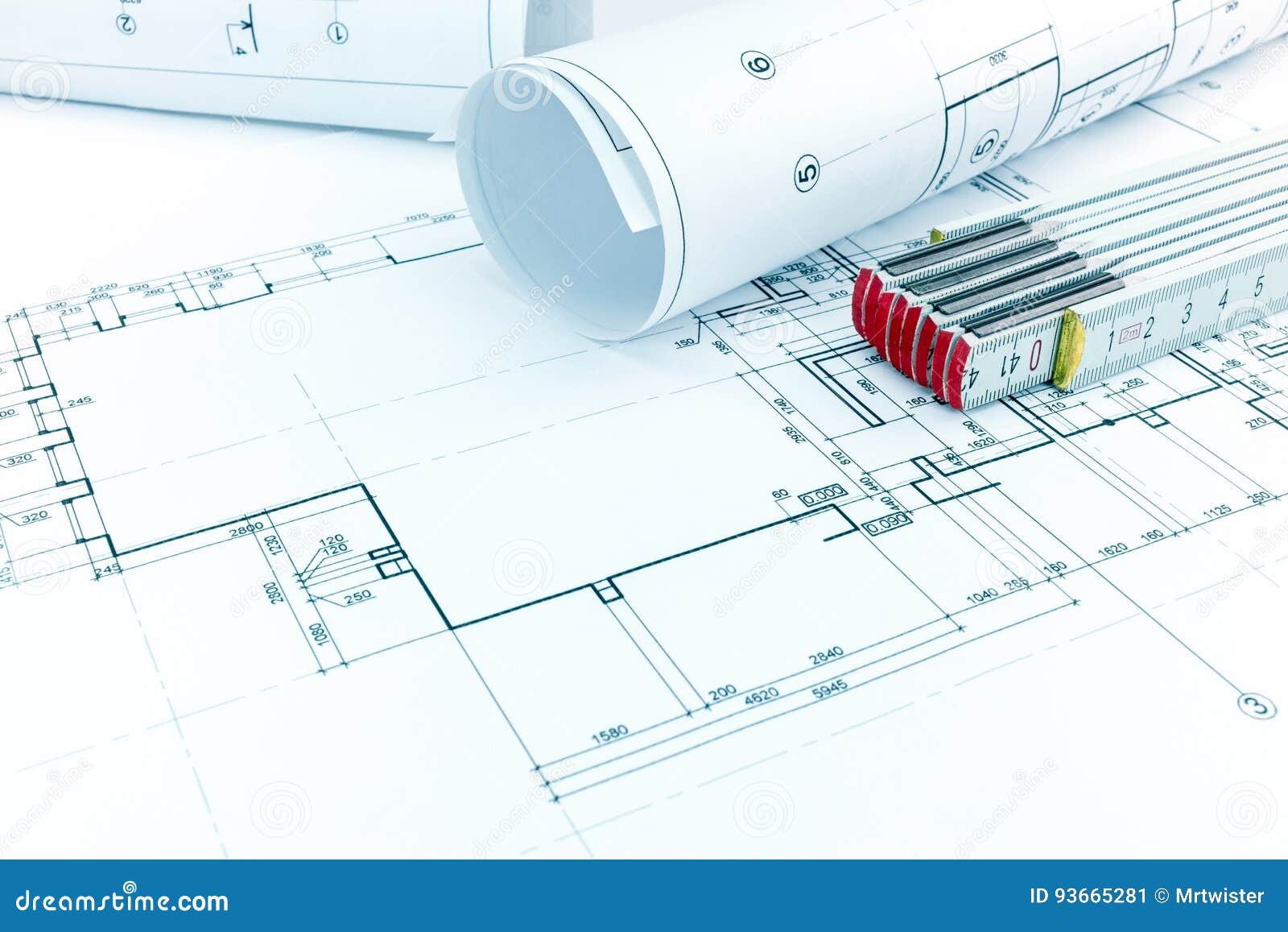 House Plan, Rolls of Architect Blueprints and Folding Ruler on D Stock ...