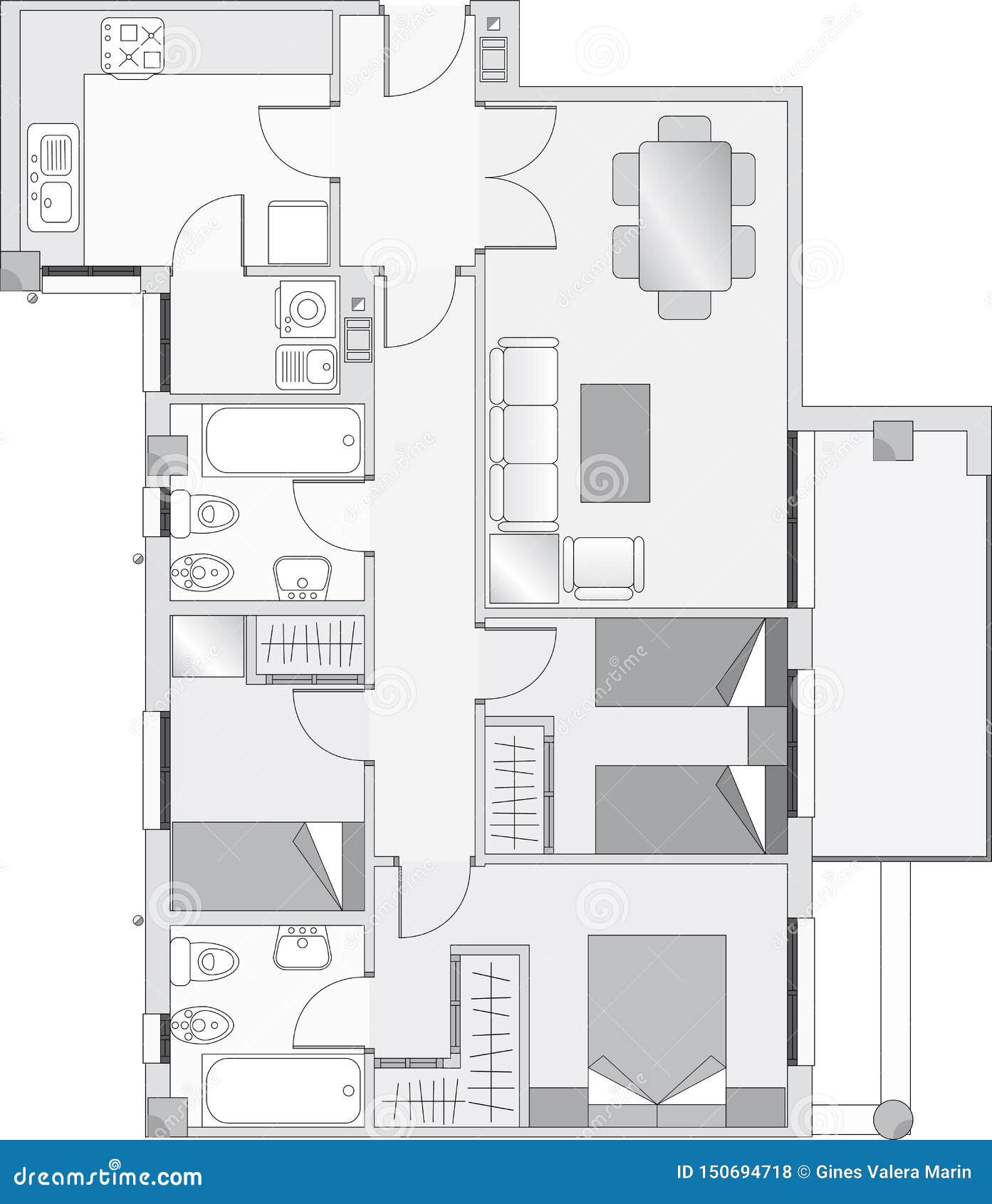 House Plan with Sketched Furniture and Distribution. Stock Vector ...