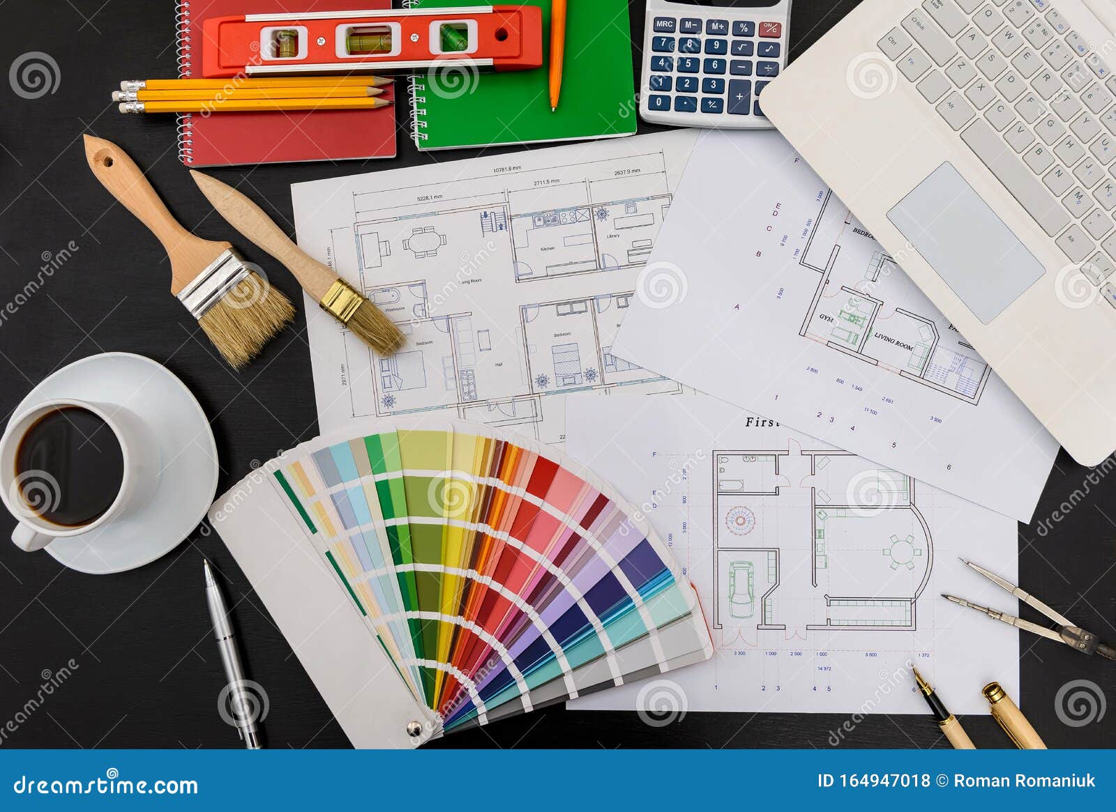 House Plan, Tools, Color Palette and Coffee Stock Photo - Image of ...