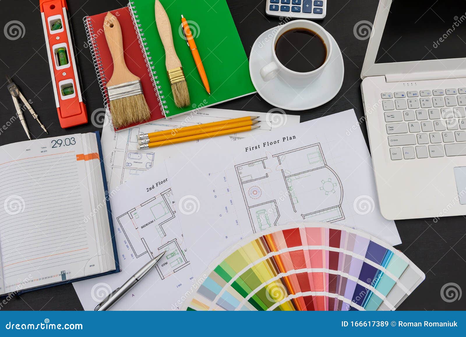 House Plan, Tools, Color Palette and Coffee Stock Image - Image of draw ...