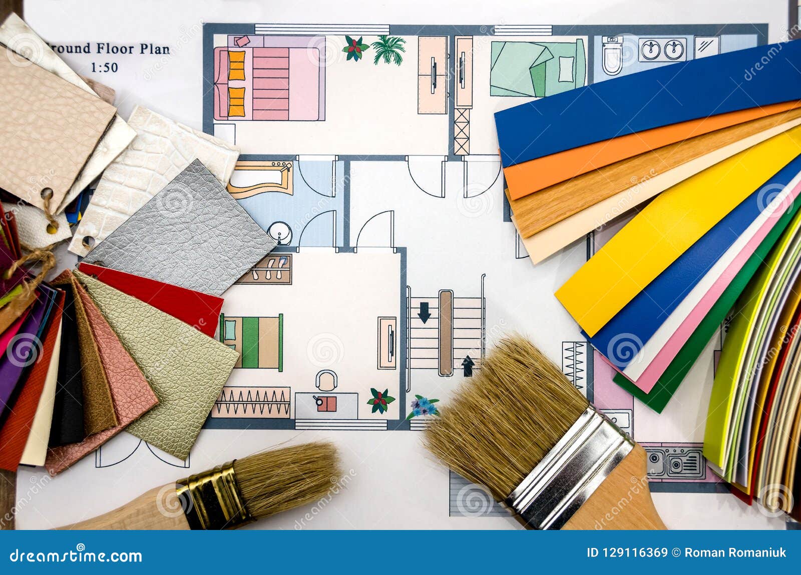 House Plan with Tools and Color Samples. Stock Image - Image of paper ...