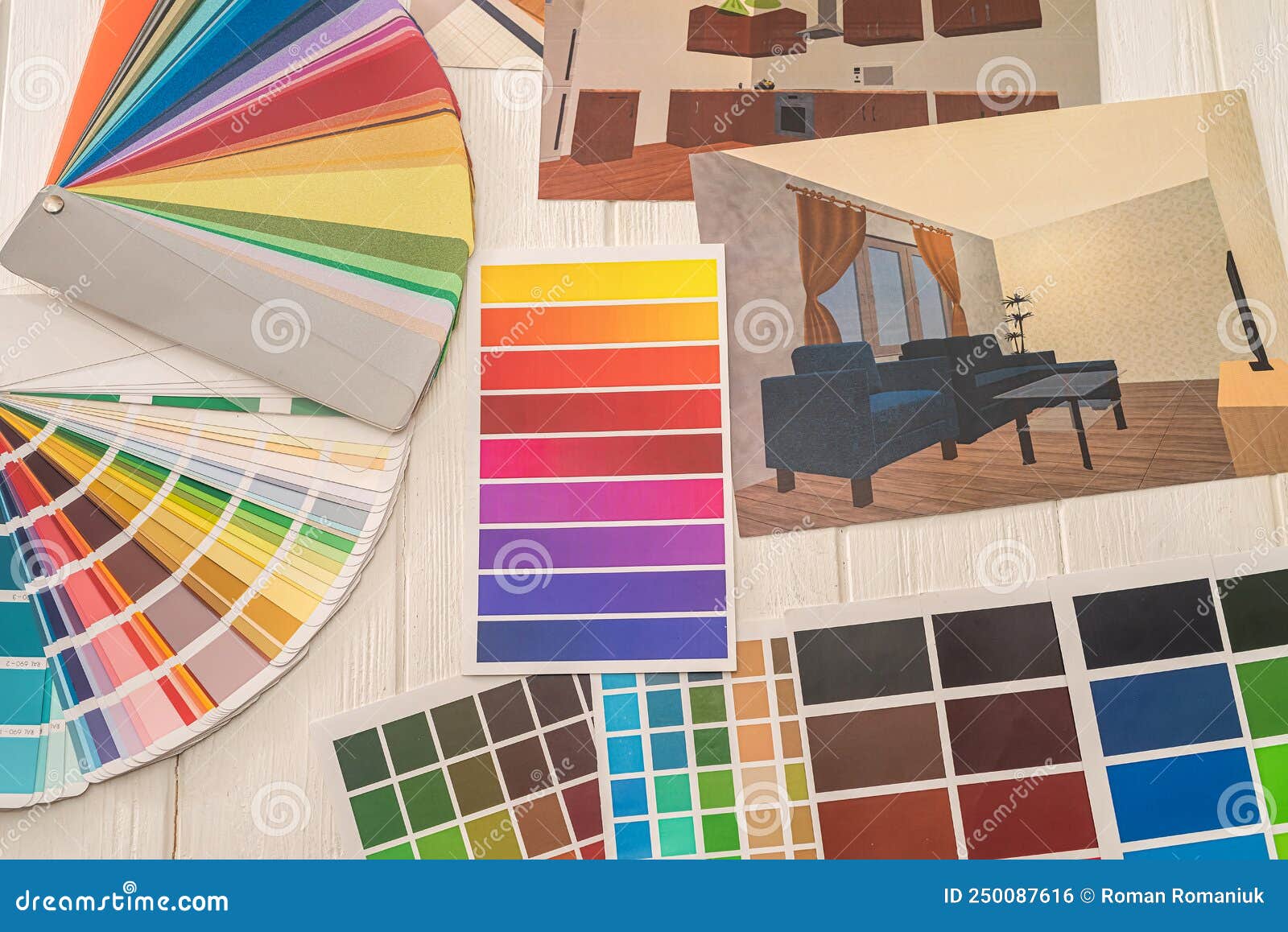 House Plans Project and Color Catalog Samples on Office Desk Stock ...