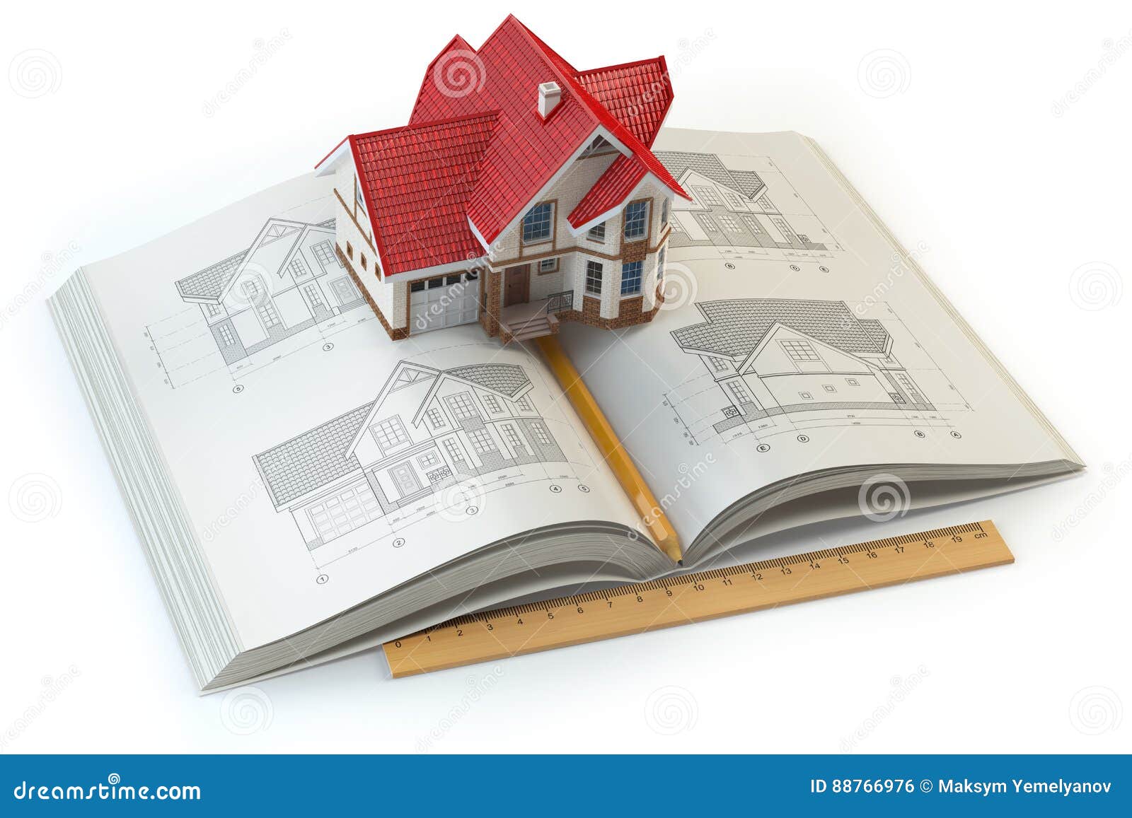 House Project. Book with Drafts of House and 3d Model of House Stock ...
