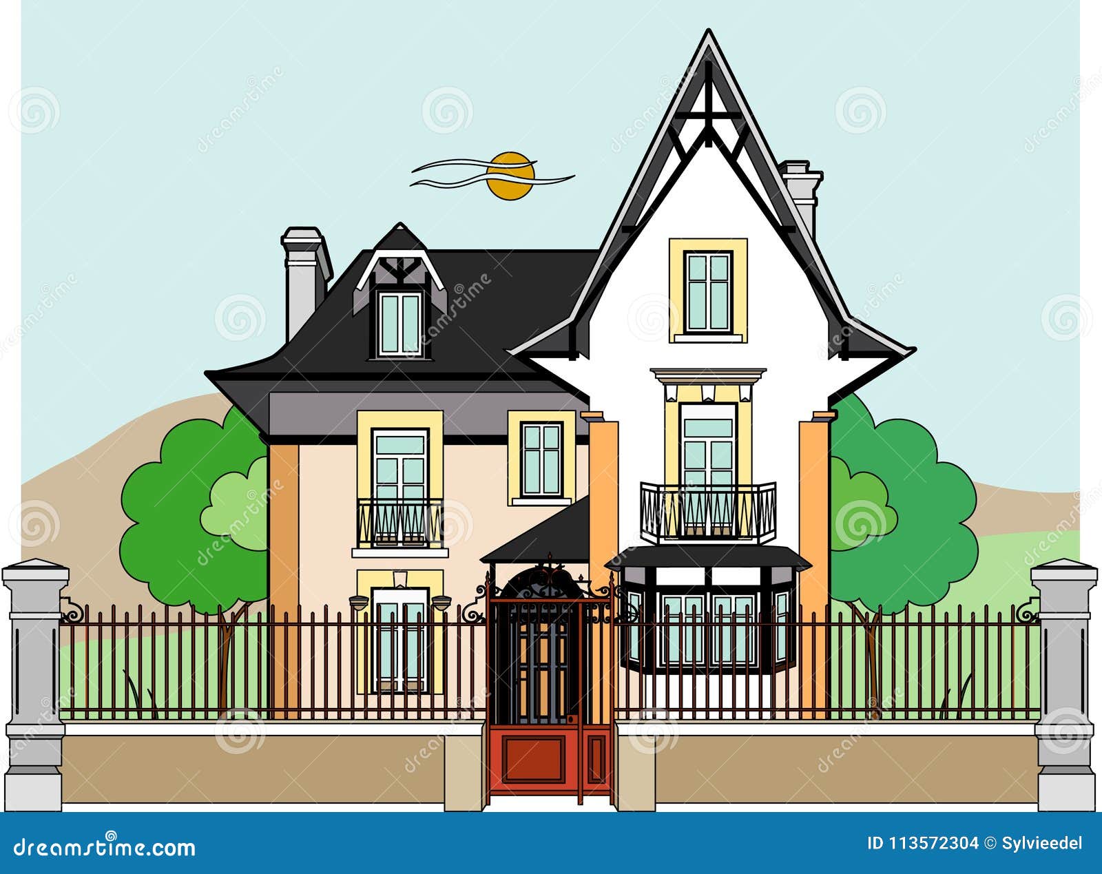 House at red gate stock vector. Illustration of cottage - 113572304