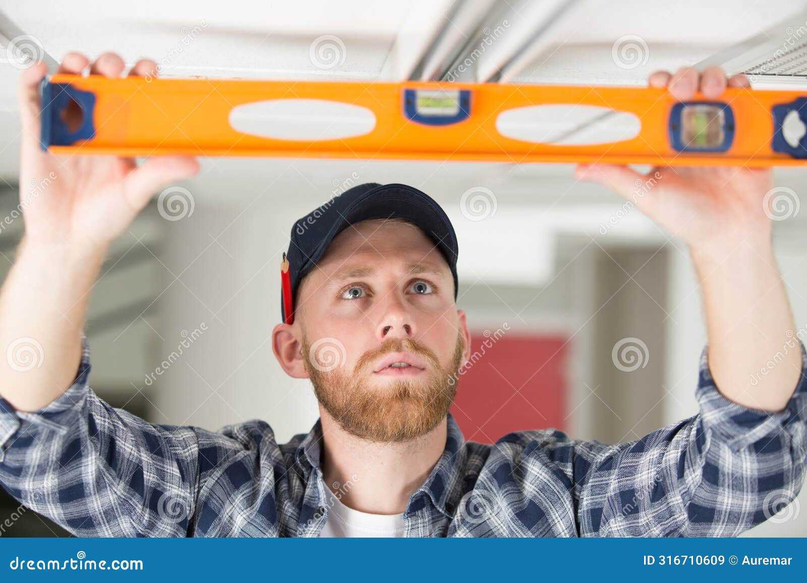 House Renovation Worker Checking Alignment Ceiling Stock Image - Image ...