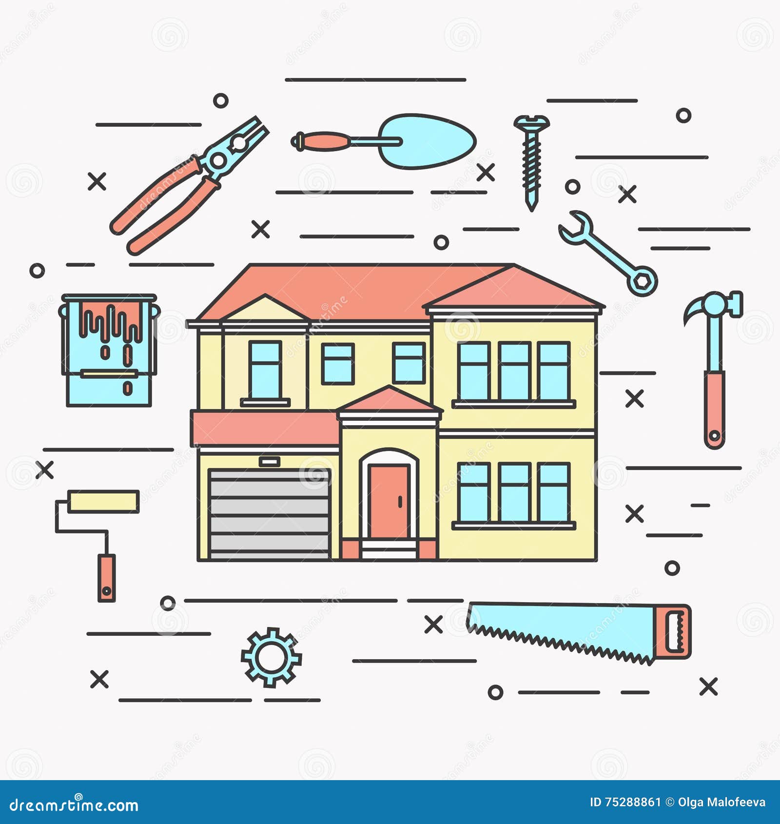 House Repair Flat Line Art Vector Illustration Stock Vector ...