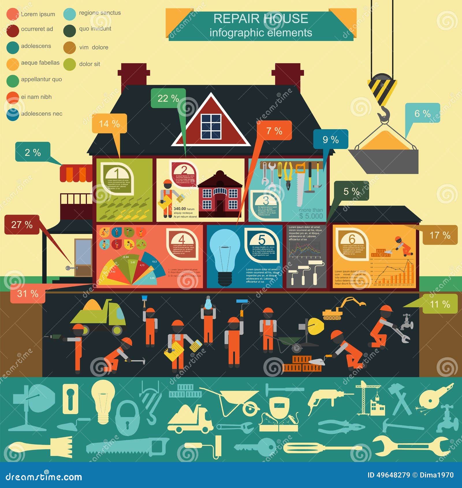 House Repair Infographic, Set Elements Stock Vector - Illustration of ...