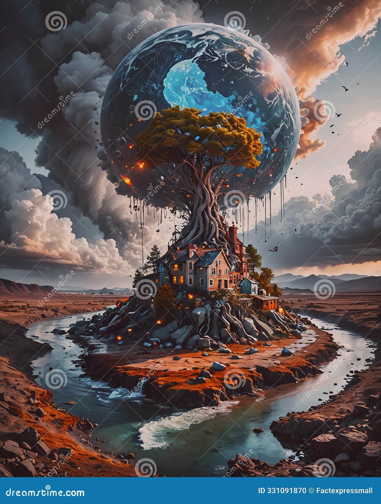 A House on a Rock with a Tree on it Stock Illustration - Illustration ...