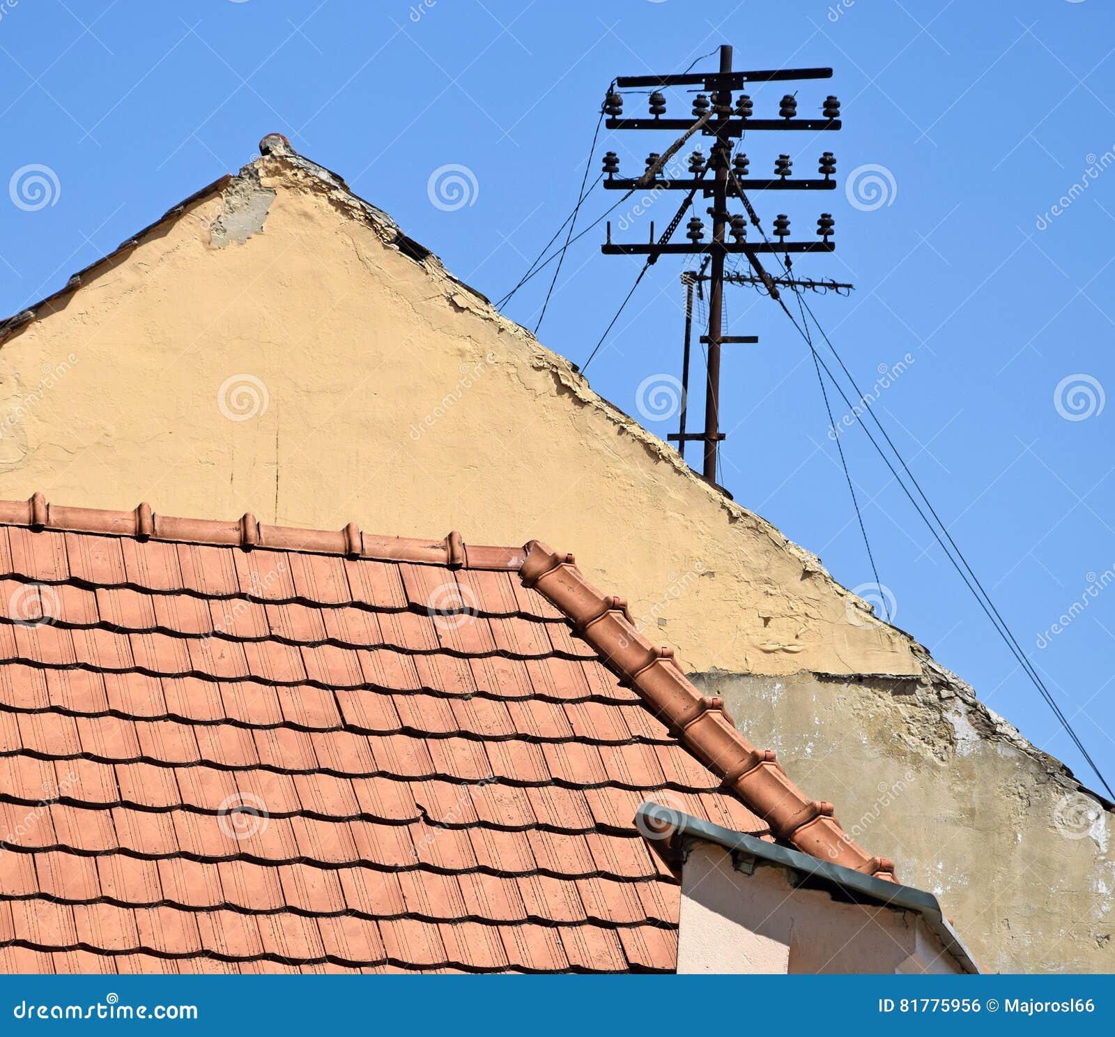 House Roof with Telephone Lines Stock Photo - Image of wall, technology ...
