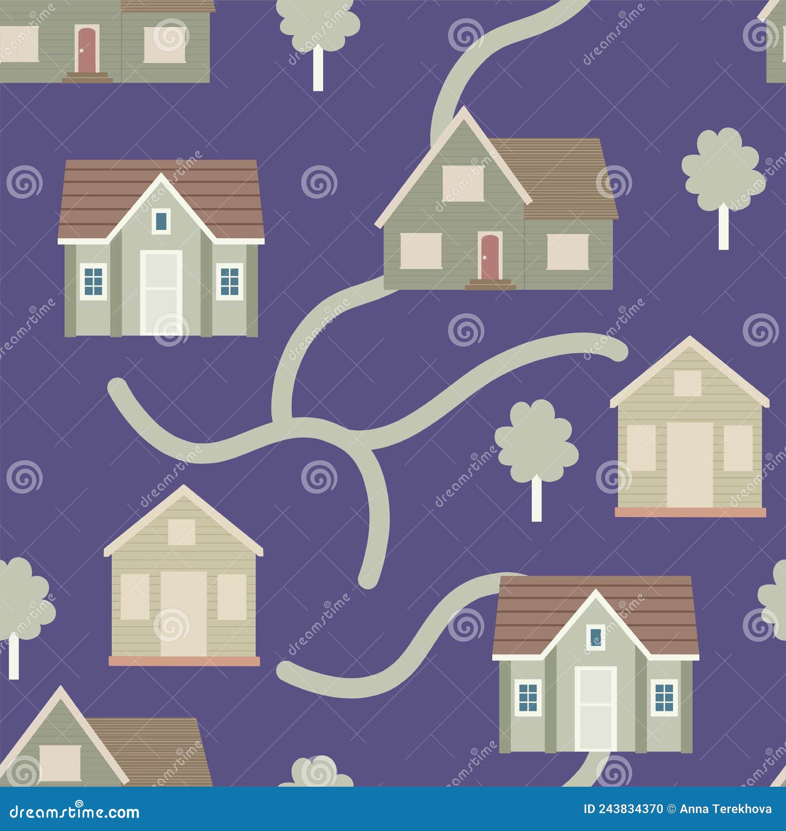 House Seamless Pattern with Road and Vector Stock Vector - Illustration ...