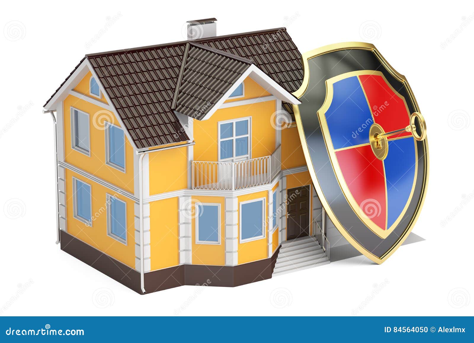 House Security and Protection Concept, Home with Shield. 3D Rend Stock ...
