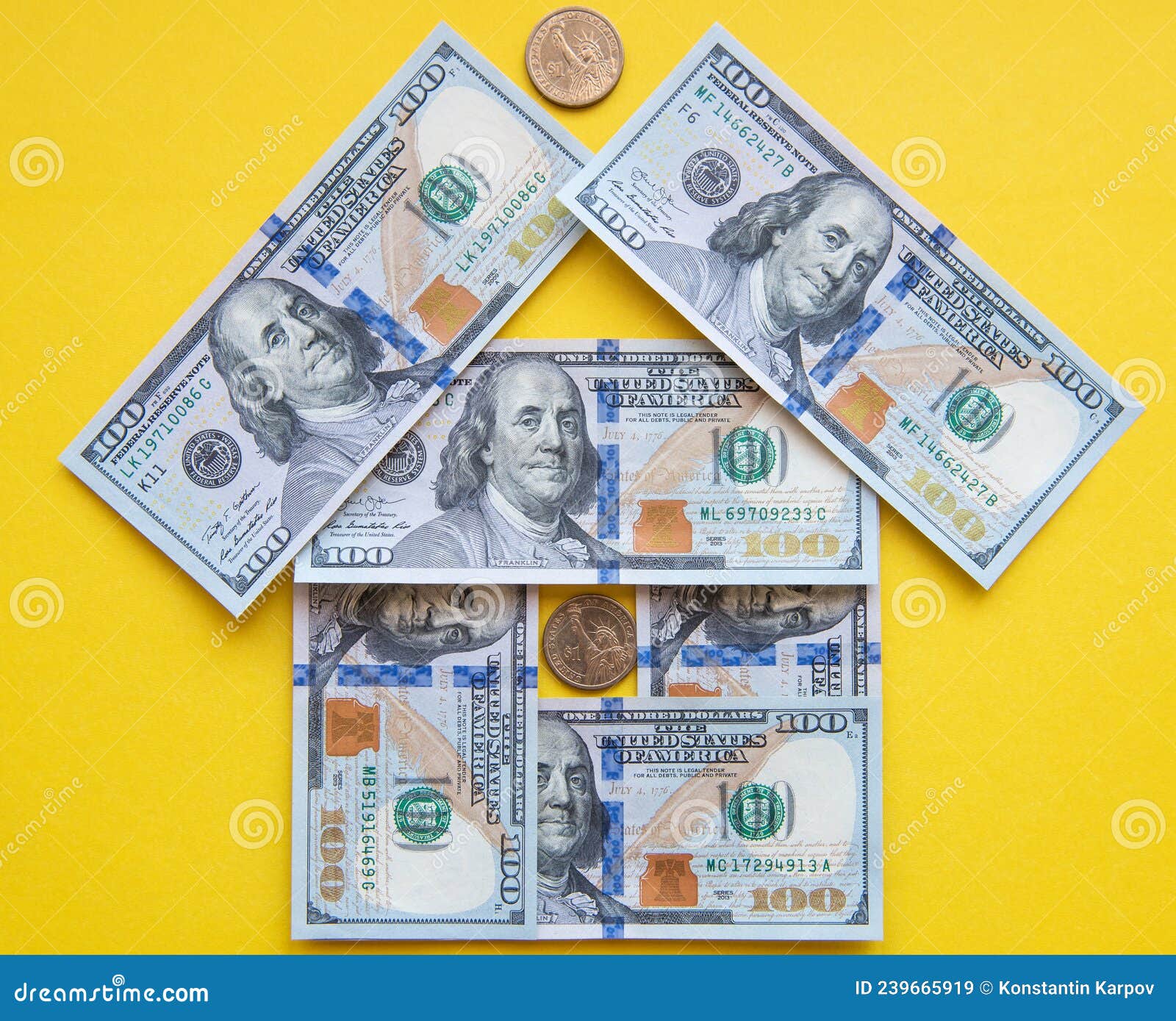 House Shape from 100 Dollar Bills on Yellow Background Stock Image ...