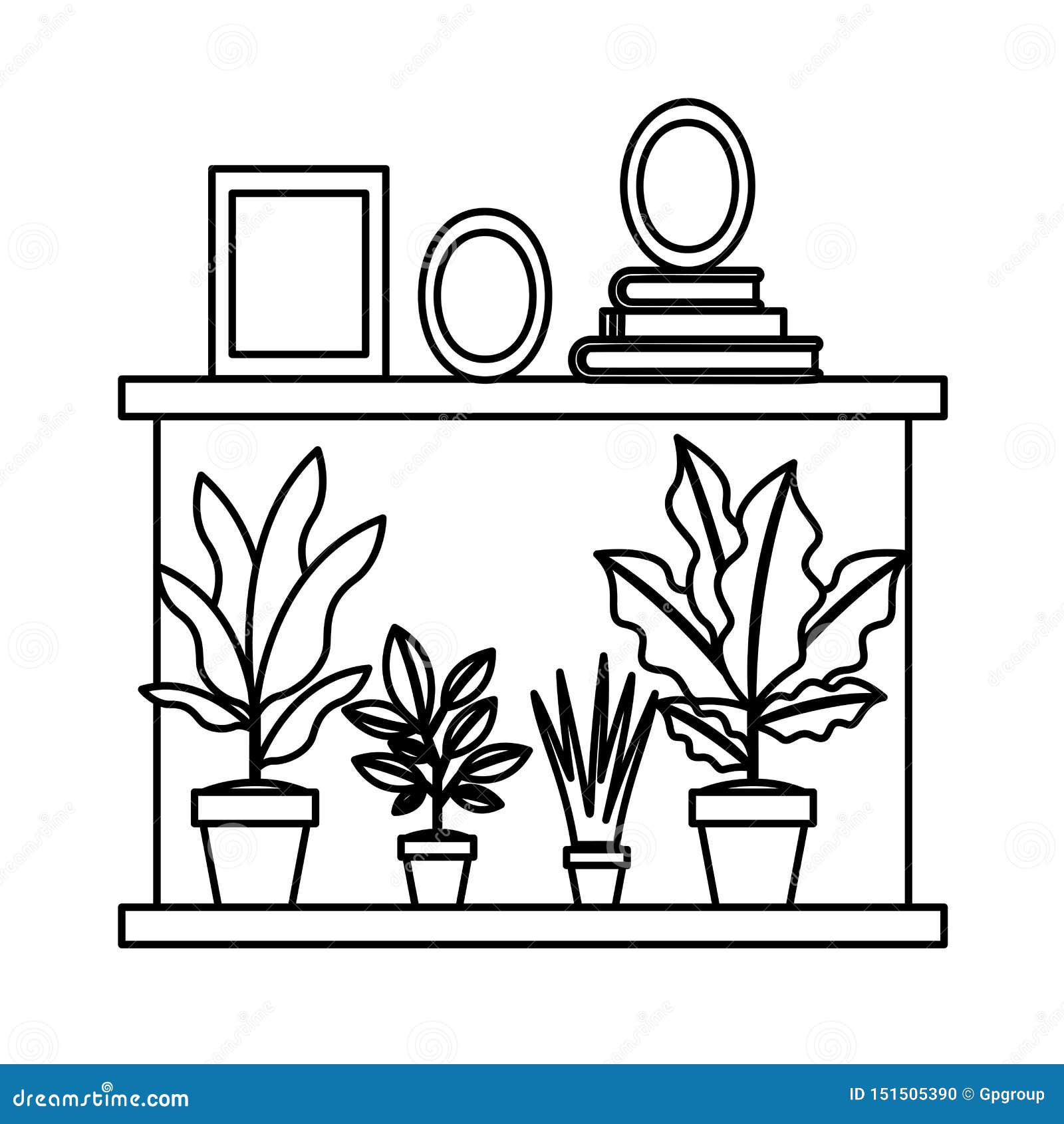 House Shelf with Plants and Portraits Stock Vector - Illustration of ...