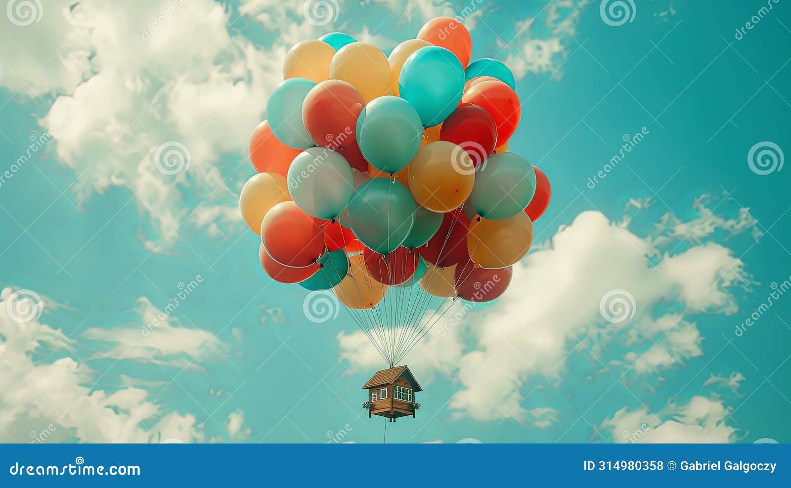 House in the Sky Flying Home with Balloons of Different Colors Stock ...