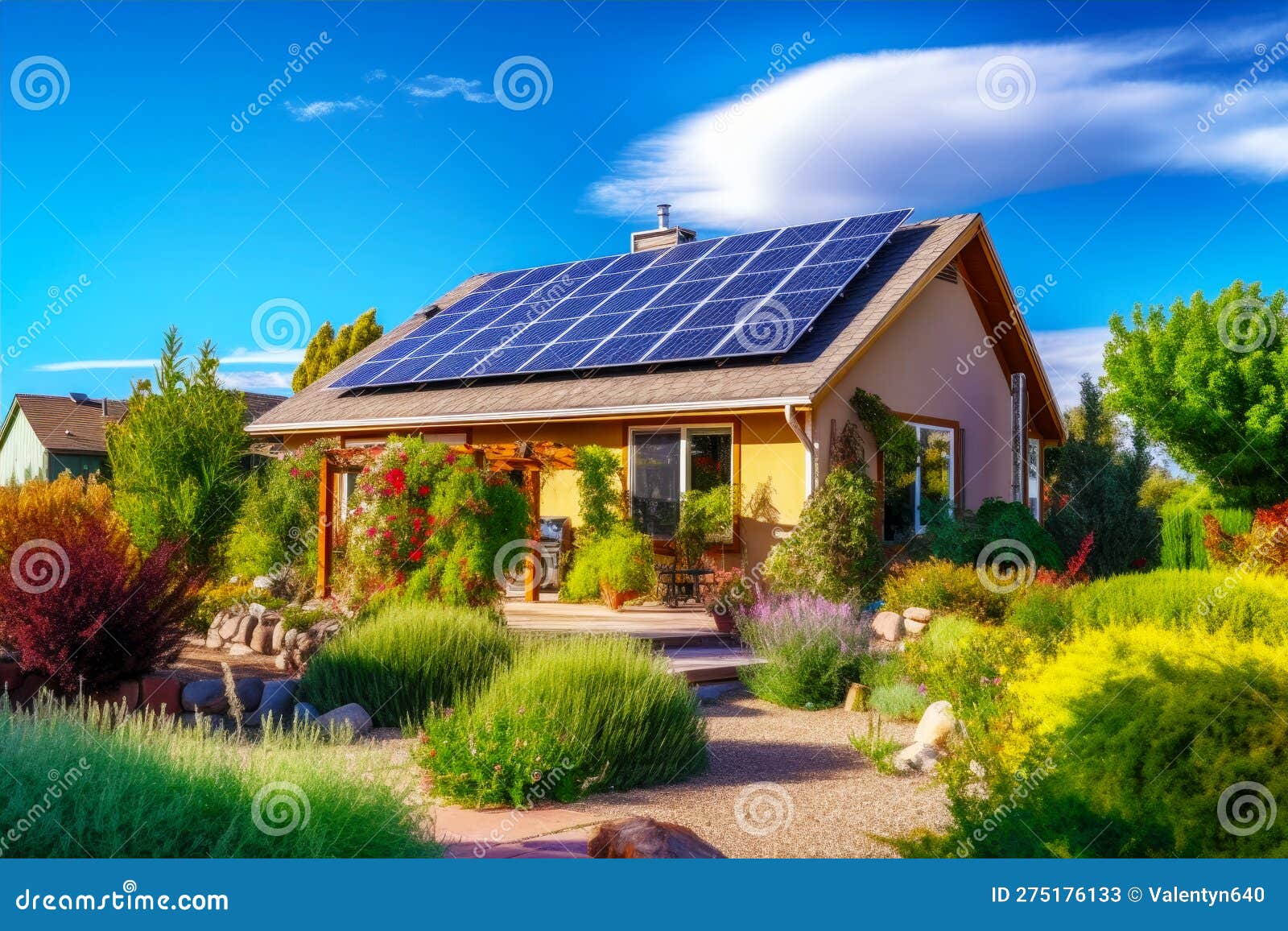 House with Solar Panel on the Roof and Garden in Front of it ...