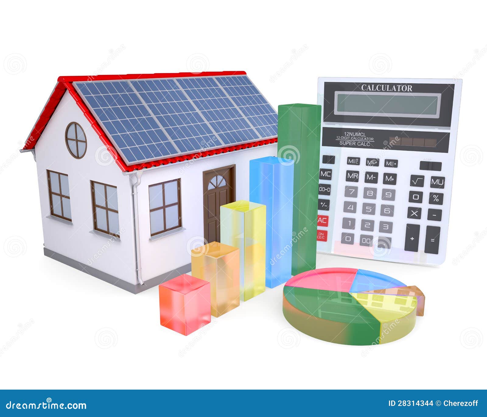 House with Solar Panels, a Calculator and Graph Stock Illustration ...