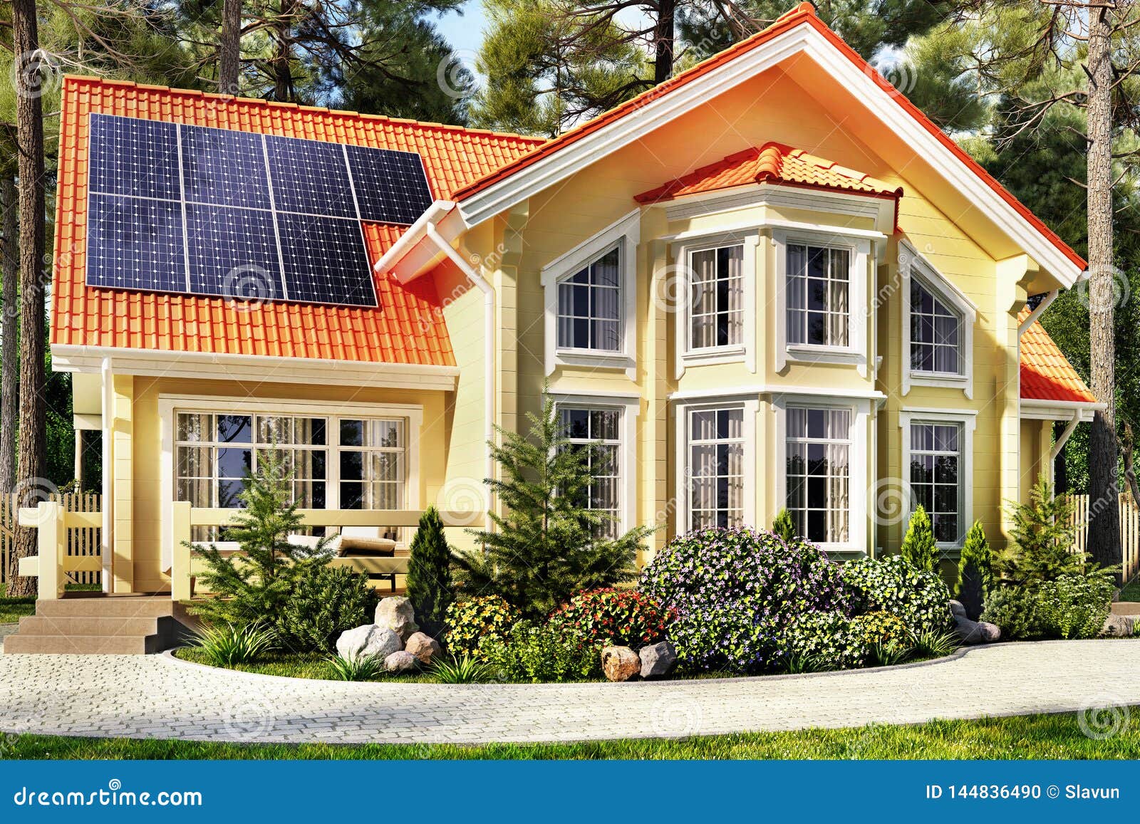 Beautiful House with Solar Panels on the Roof Stock Photo - Image of ...